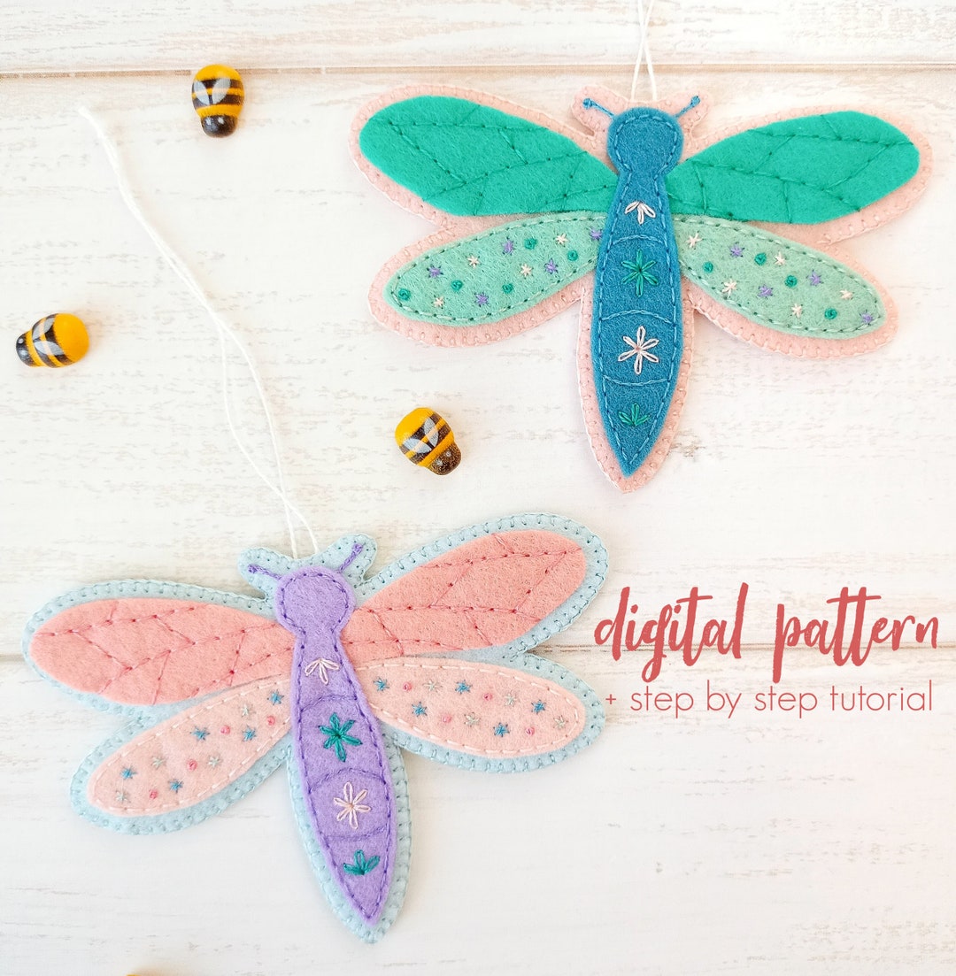 Felt Dragonfly Sewing Pattern, Embroidered Insect Pattern, Bug Ornament ...