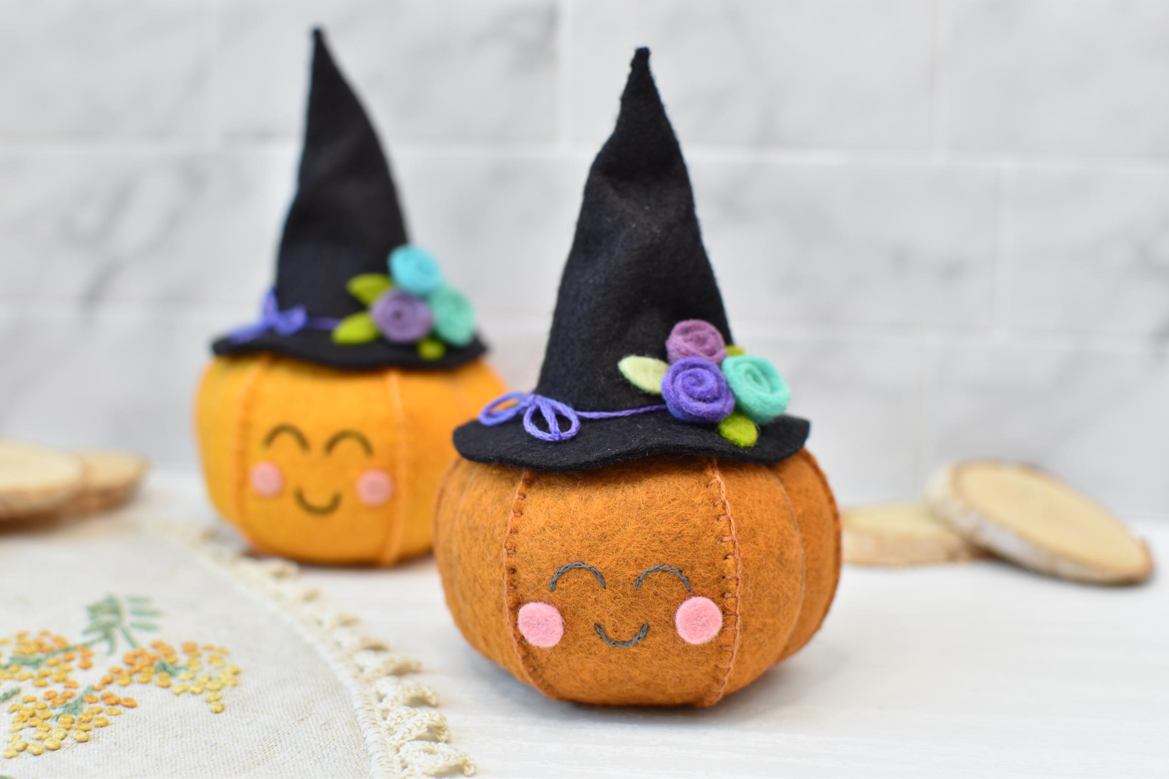 Felt Pumpkin Sewing Pattern. DIY Halloween Pumpkin Wearing a Witch Hat ...