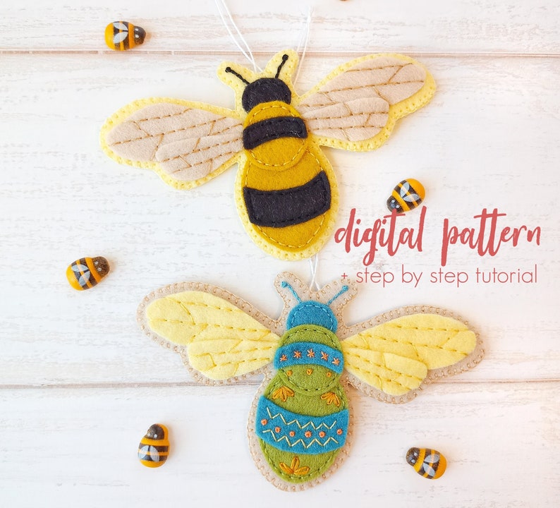 Embroidered Bee - PDF Felt Sewing Pattern, DIY Bug Pattern, Felt Bee ...