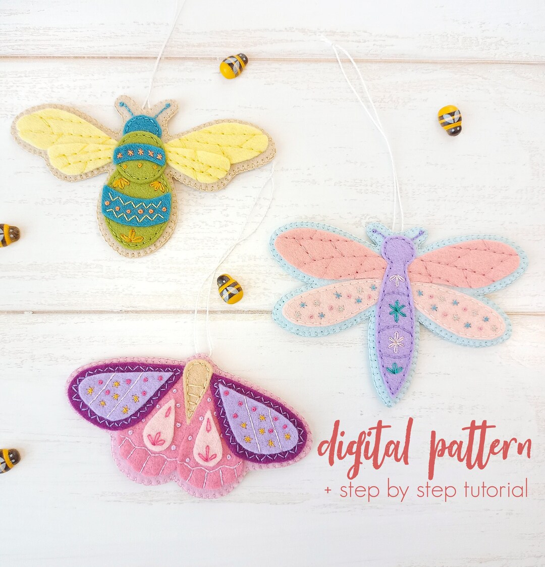 3 Felt Insect Patterns, Bee, Moth & Dragonfly PDF Sewing Patterns ...