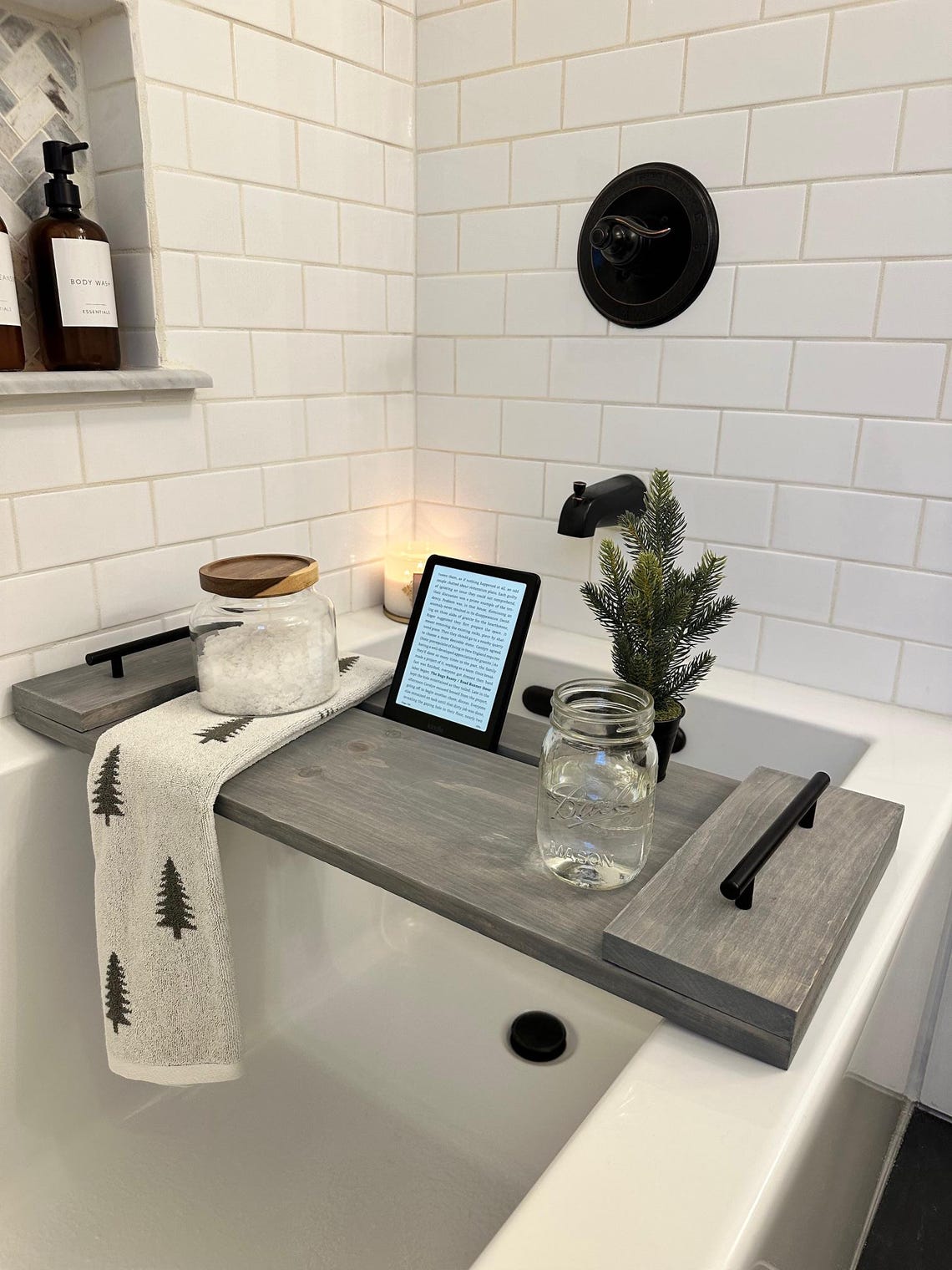 Bathtub Caddy Tray Wood Rustic Bathroom Decor Bath Tub Shelf Farmhouse ...
