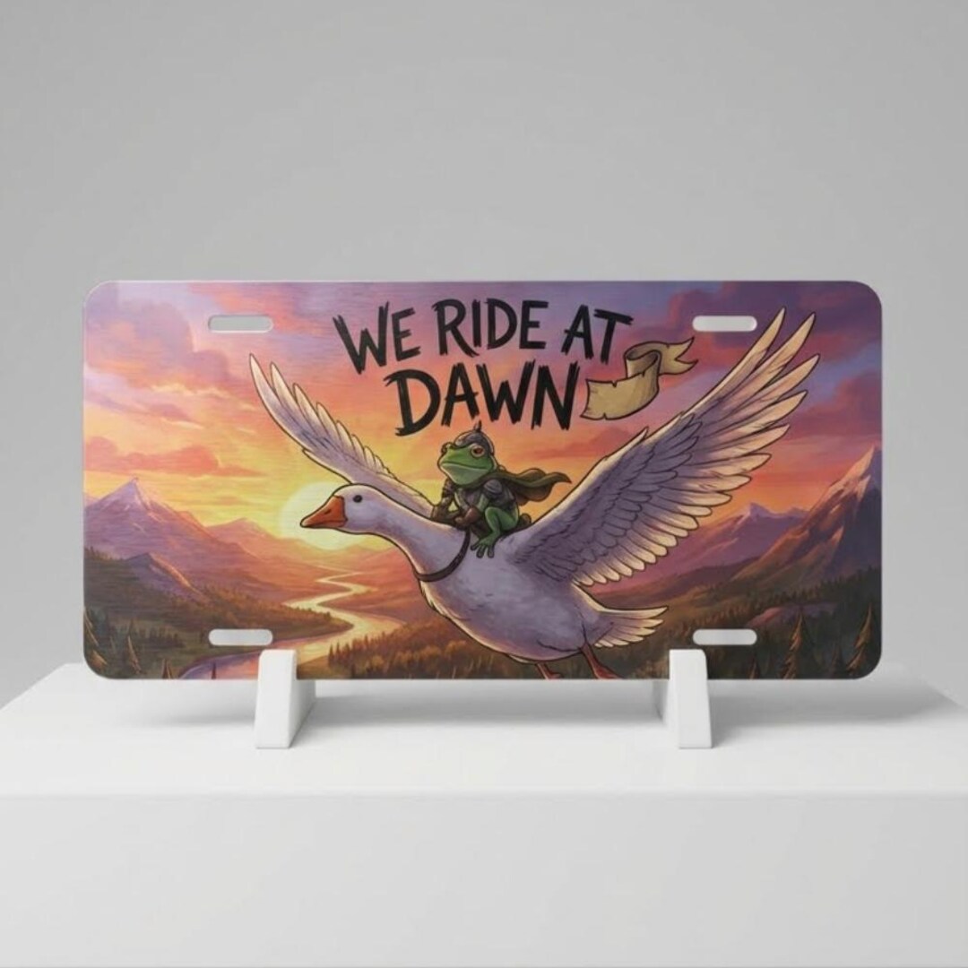 We Ride at Dawn Funny License Plate | Frog Riding a Goose Car Decor ...