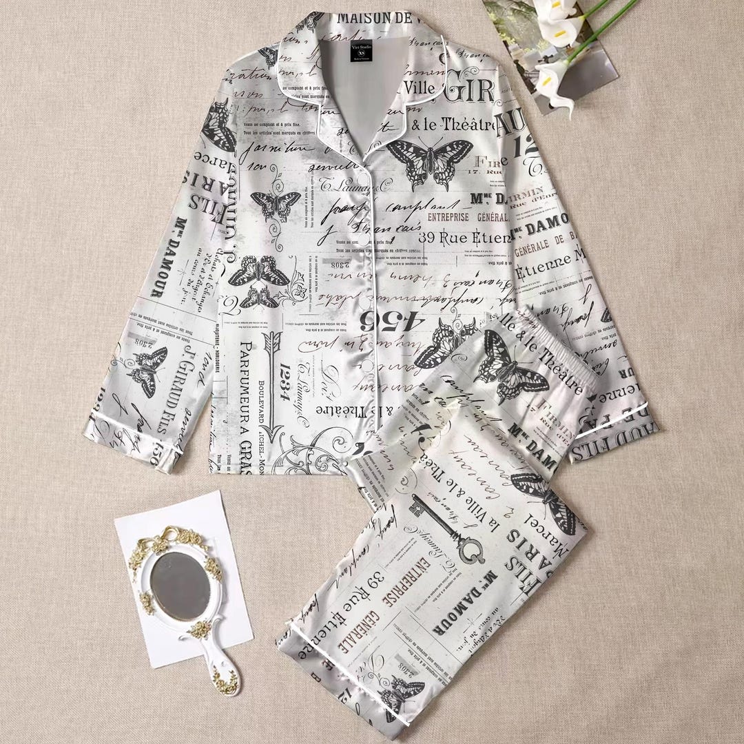 French Vintage Satin Pajama Set for Women, Black White Paris Script ...