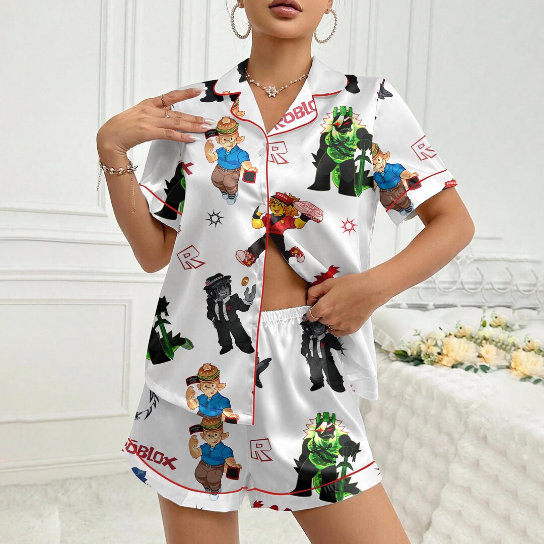 Roblox Pajama Set for Women – Cartoon Game Character Print Satin Short ...
