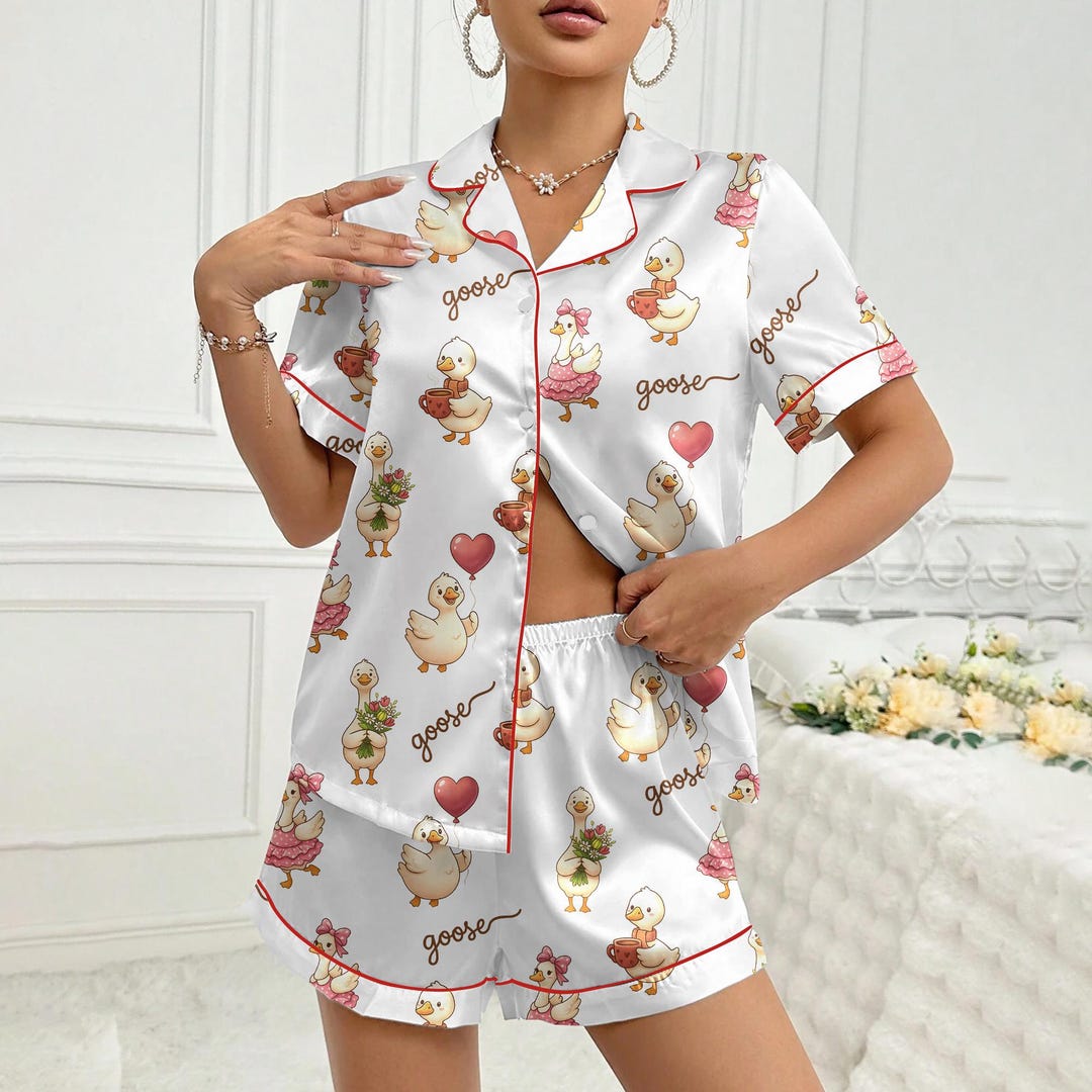 Cute Goose Pajama Set for Women, Kawaii Duck Satin Pjs, Cottagecore ...