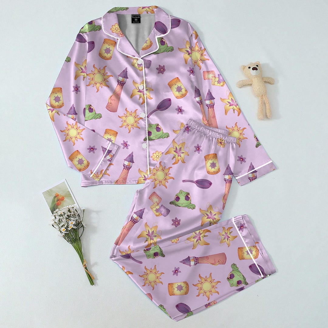 Cute Cartoon Fantasy Pajama Set for Women, Silky Satin Button-up Short ...