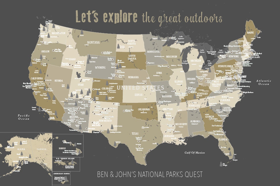 National Park Push Pin Map National Park Art Rustic Decor - Etsy