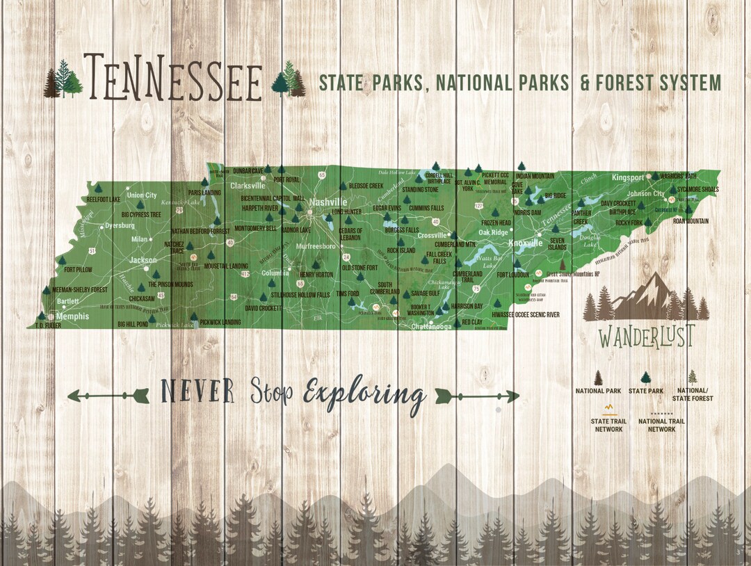 Tennessee State Parks Map: Push Pin Canvas Art, Hiking Trails - Etsy