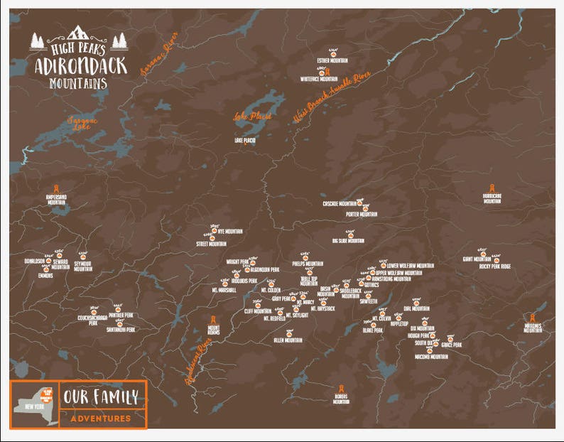Adirondack Mountains 46 High Peaks Push Pin Map Gift for | Etsy