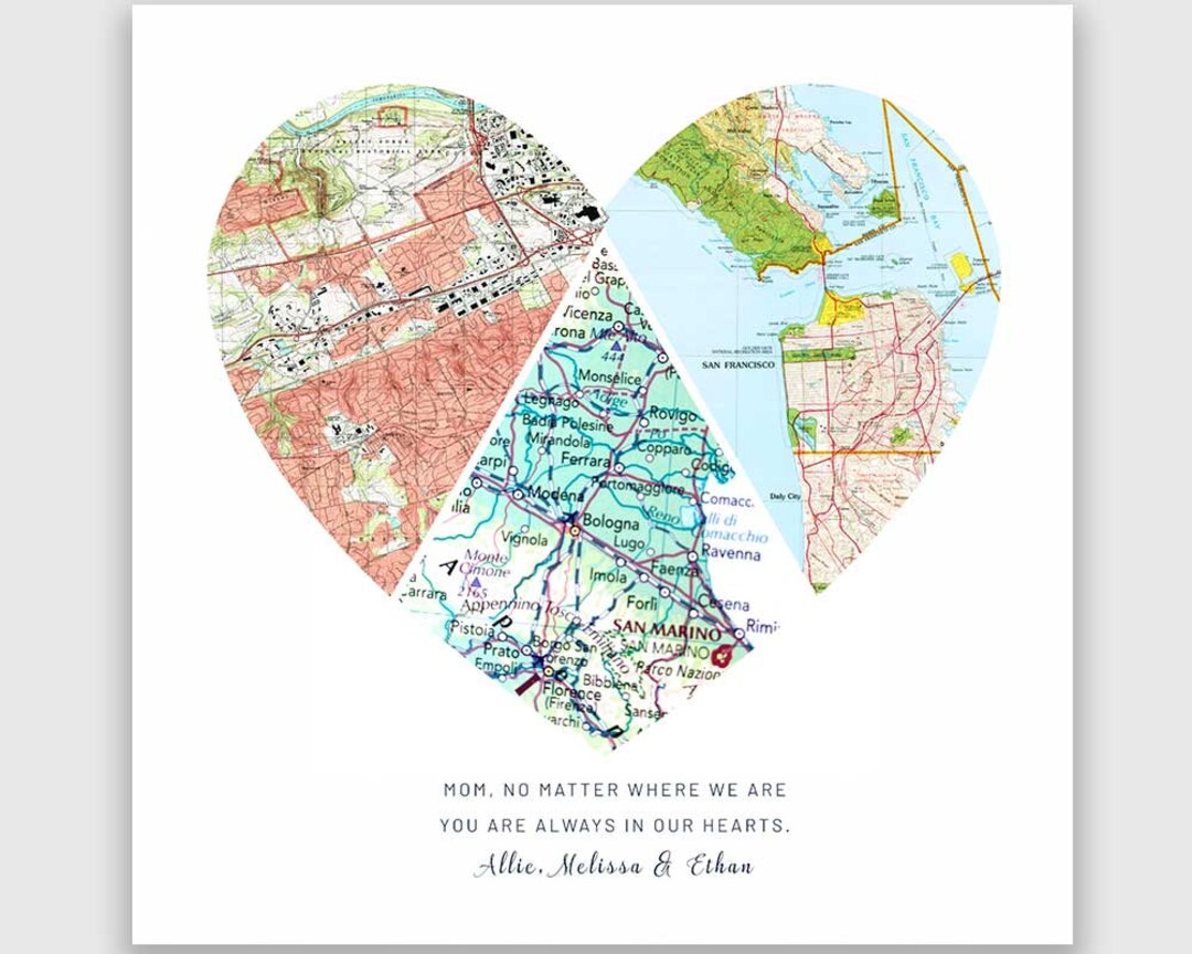 Mother's Day Gift, Hearts and Vintage Maps, Personalized Birthday Gift ...