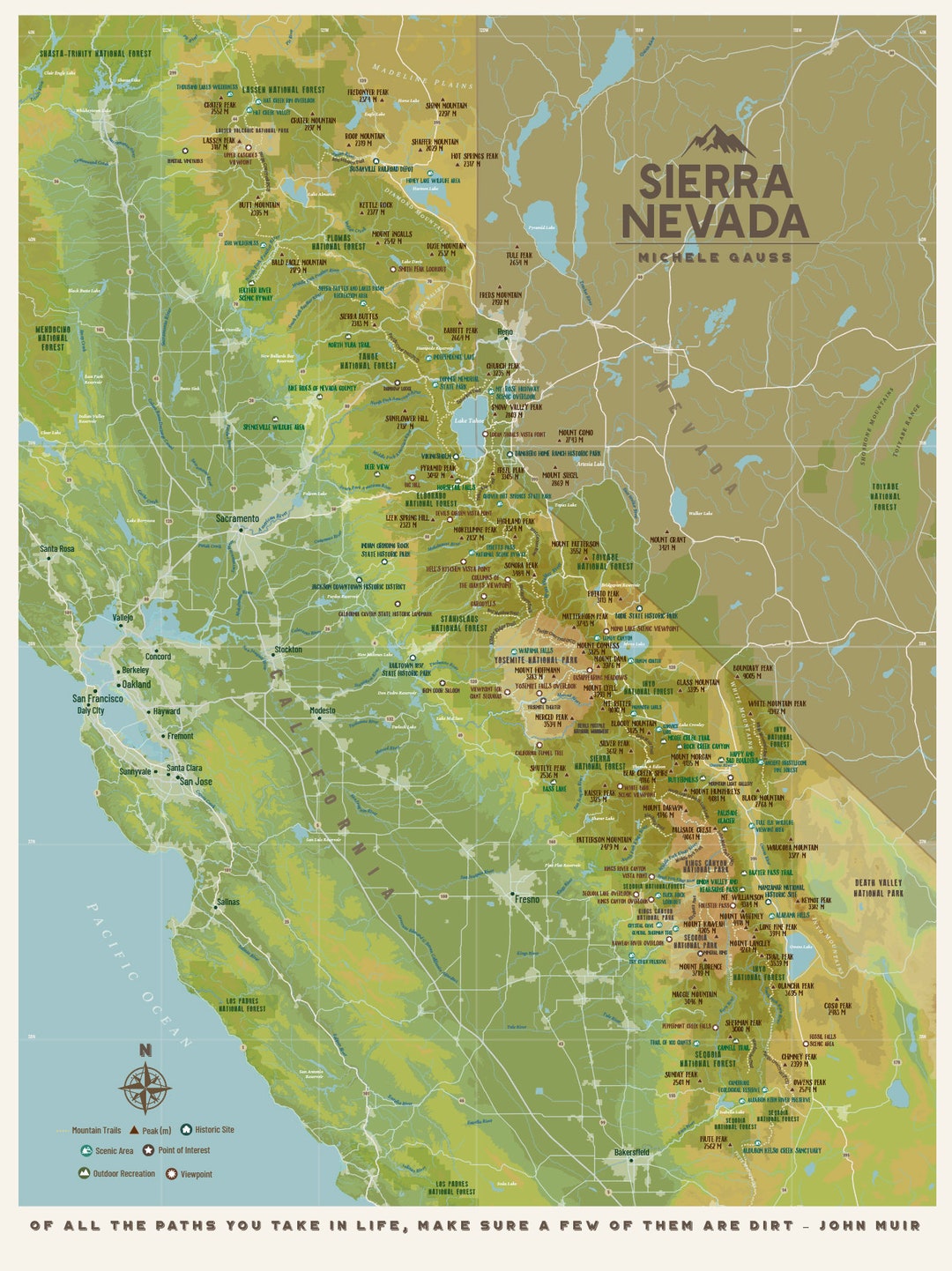Sierra Nevada Map Poster: California Topographic Art Print - Etsy