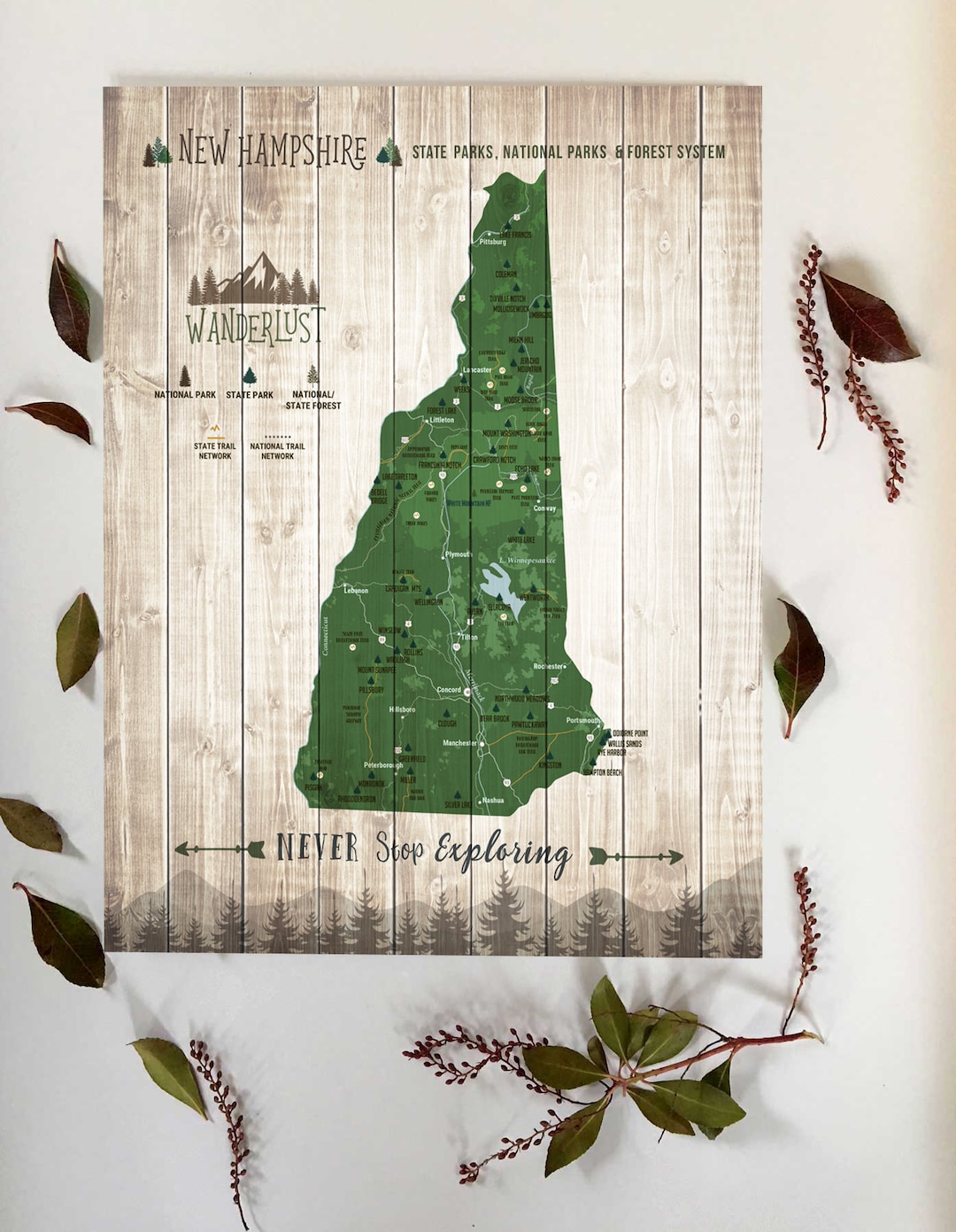 New Hampshire, State Park Map, New Hampshire Print, State Park Wedding ...