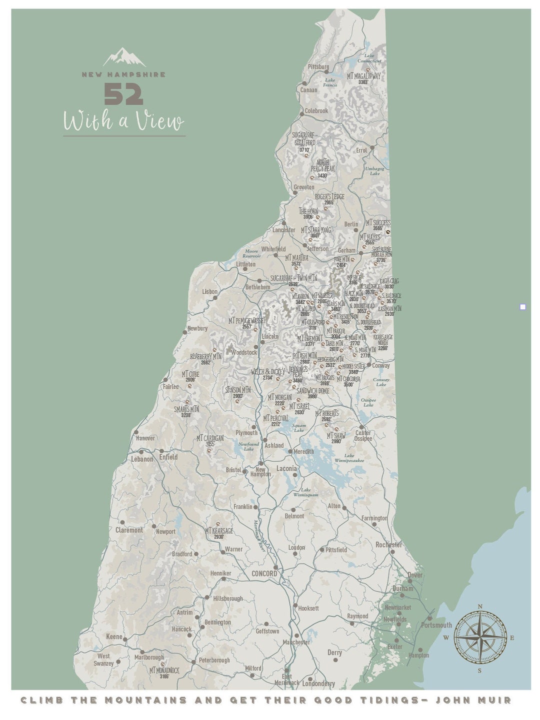 New Hampshire Wall Art, New Hampshire Map, 52 With a View, New ...