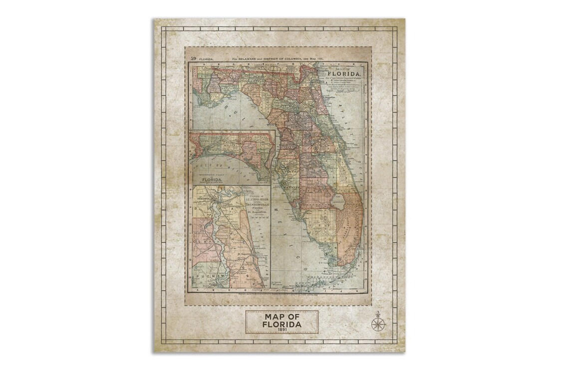 Map of Florida Florida Vintage Style Map Florida Travel Map | Etsy