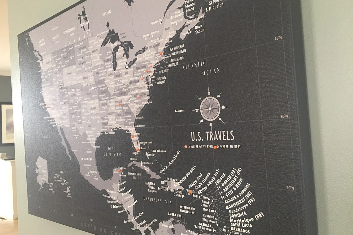 US Travel Pin Board Map Modern Push Pin Canvas Map of USA | Etsy