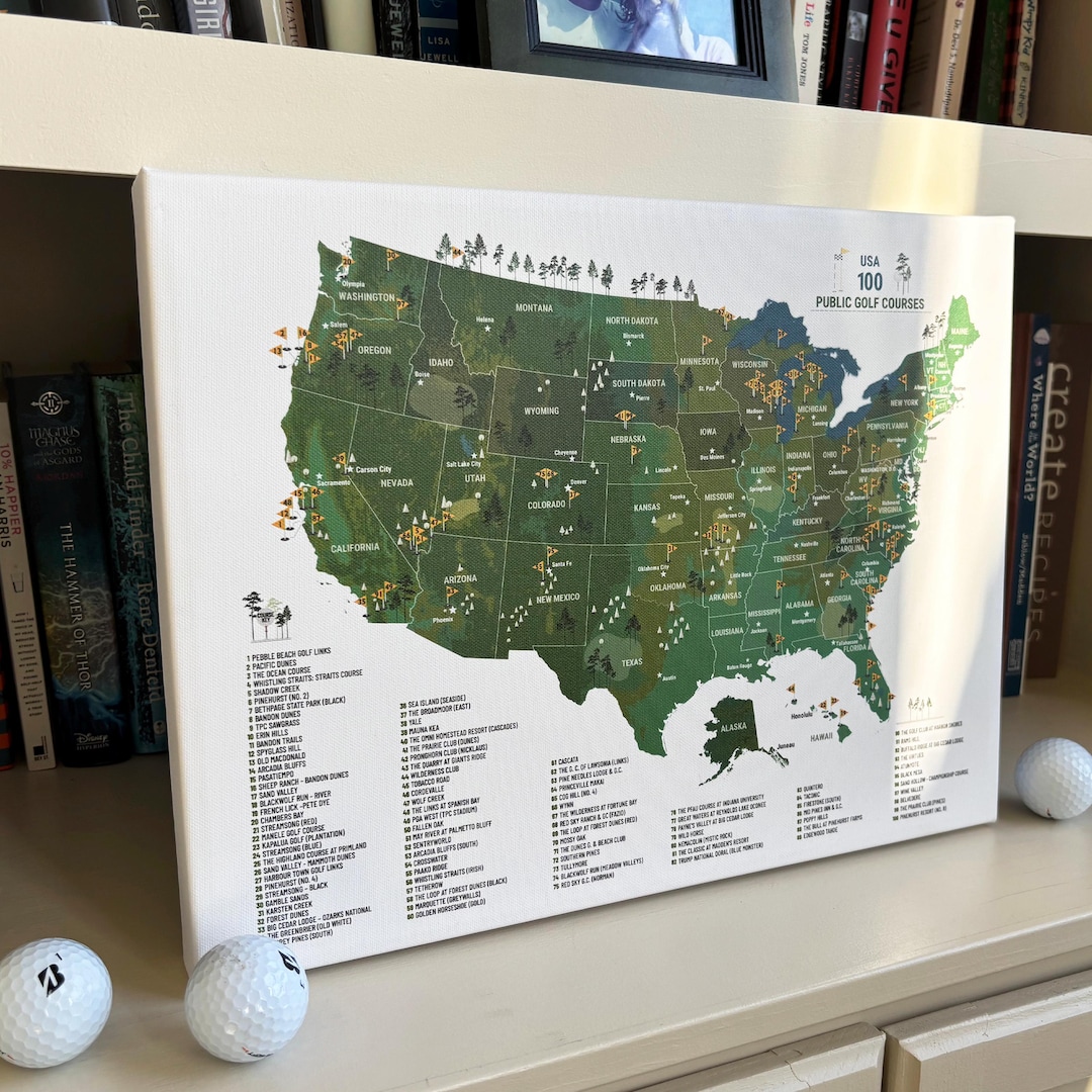 Personalized Golf Map: Top 100 Public Golf Courses USA, Push Pin Canvas ...