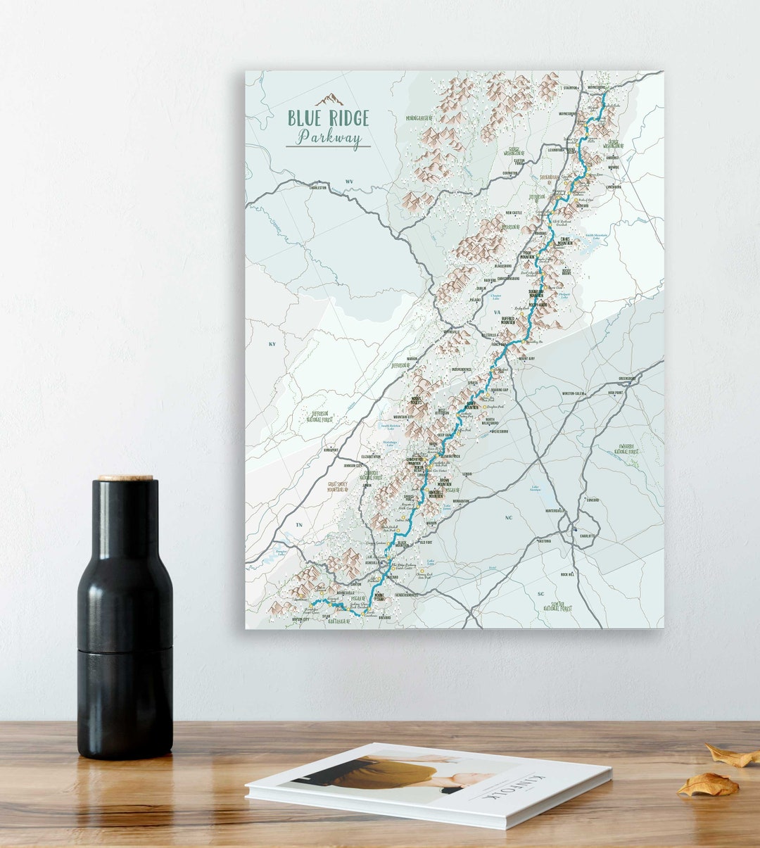 Blue Ridge Mountain Wall Art, Blue Ridge Parkway Map, Trail Map, Push ...