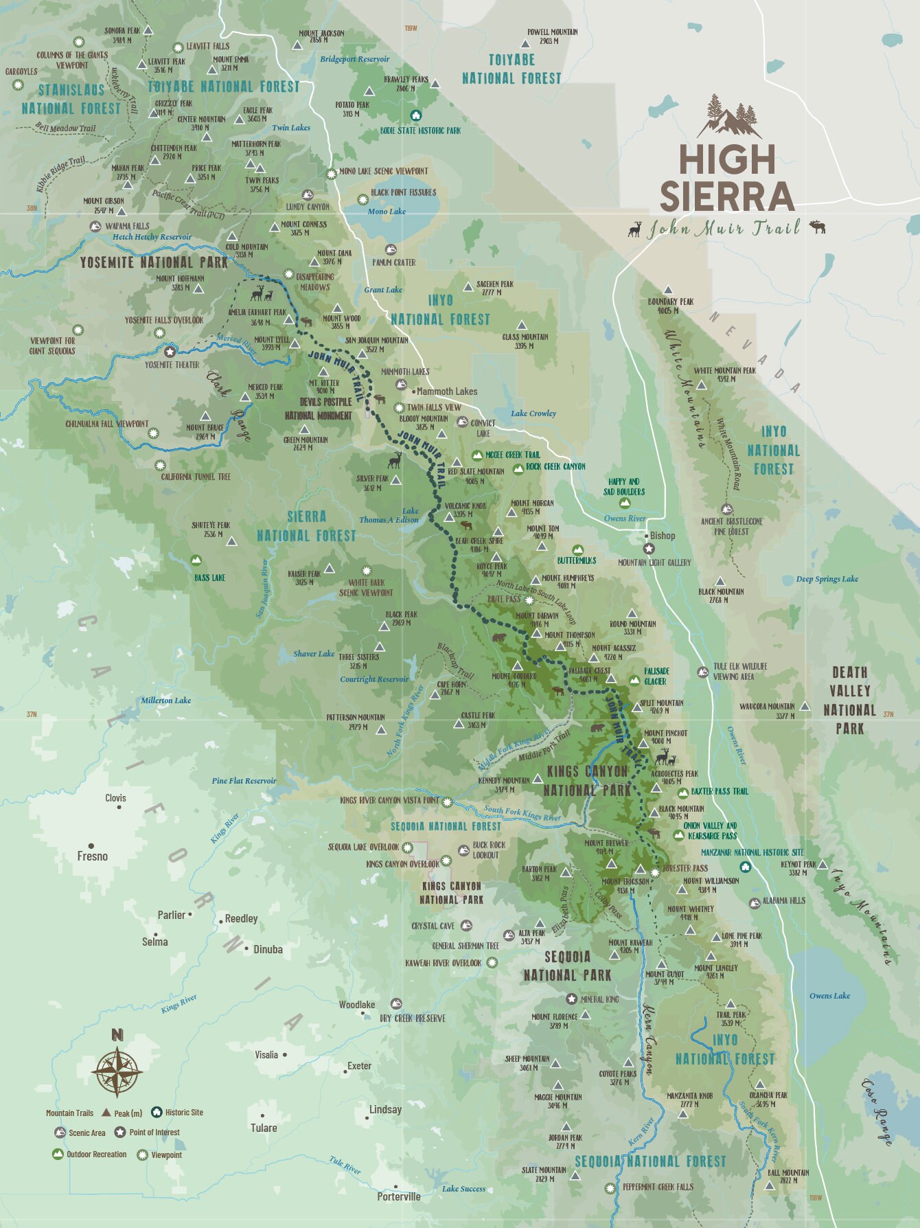 High Sierra Mountain Map John Muir Trail California Gifts | Etsy