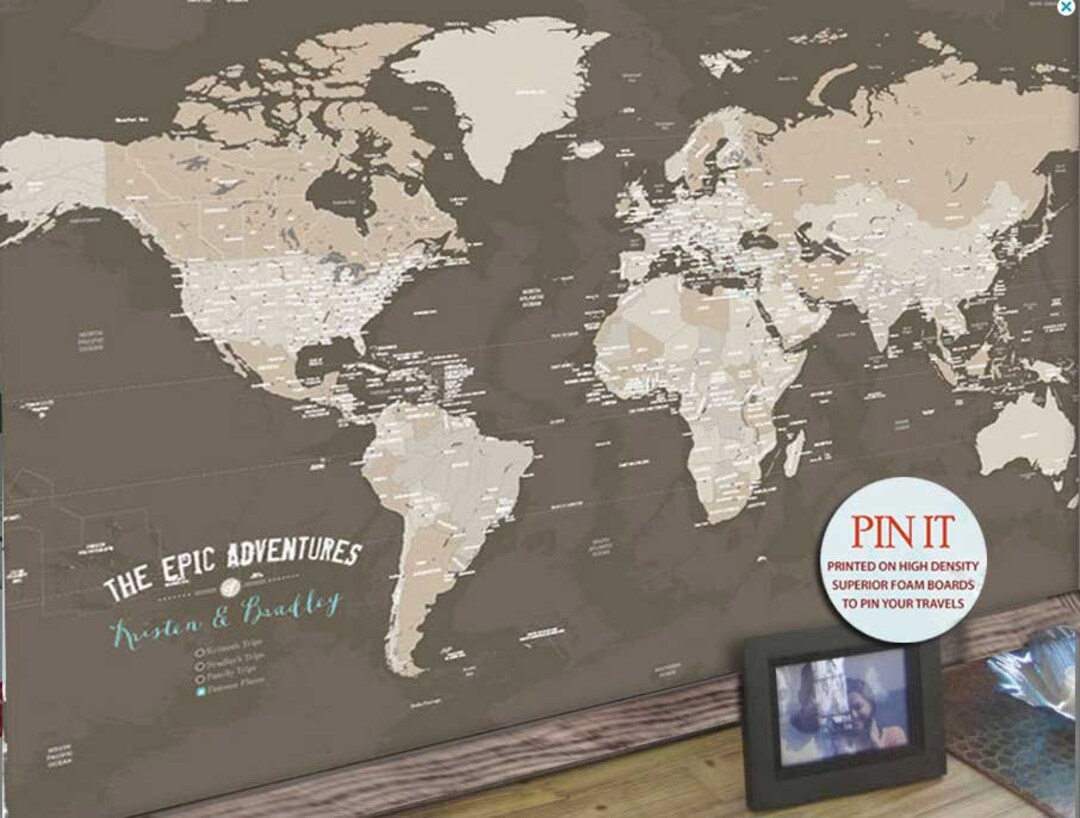 World Map With Countries, World Map Wall Art, Push Pin Map, World Map ...