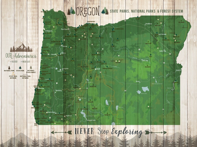 Oregon State Parks Map Art: Personalized Hiking Trails Push Pin Decor ...