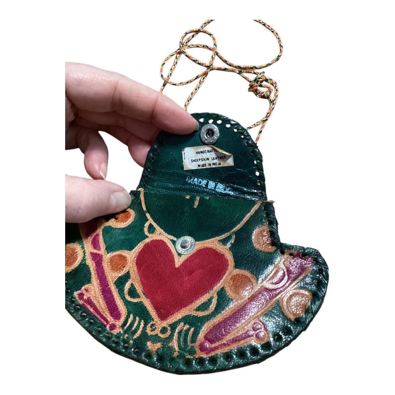 Vintage Handmade Leather Frog Coin Purse Bag Green Red Heart Western ...