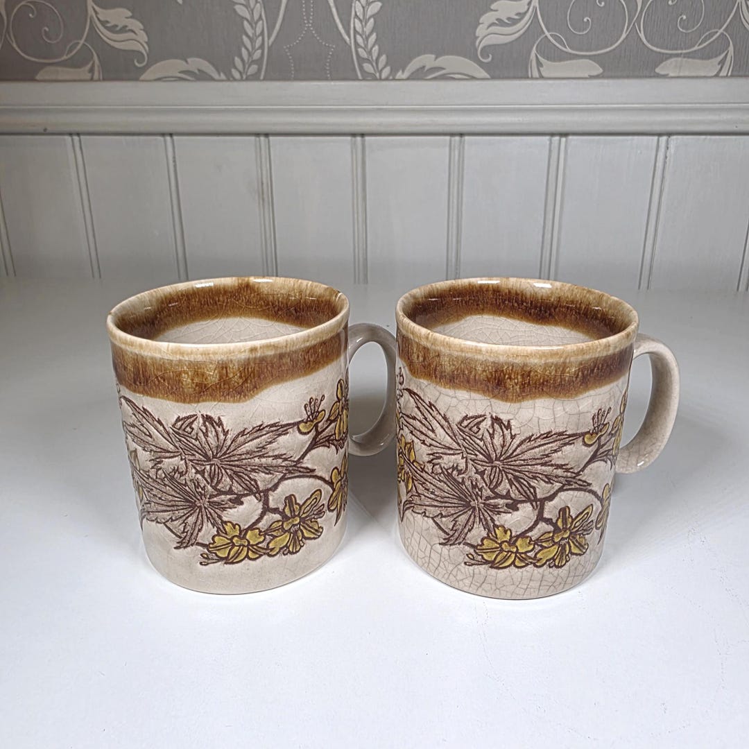 Vintage English Stoneware Mugs Set of 2, Floral Crackle Glaze Coffee ...
