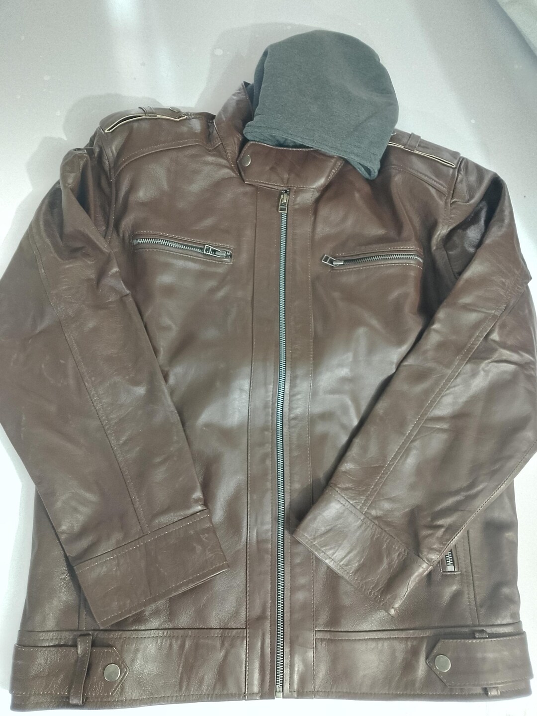 Men Brown Leather With Attach Hood Jacket - Etsy