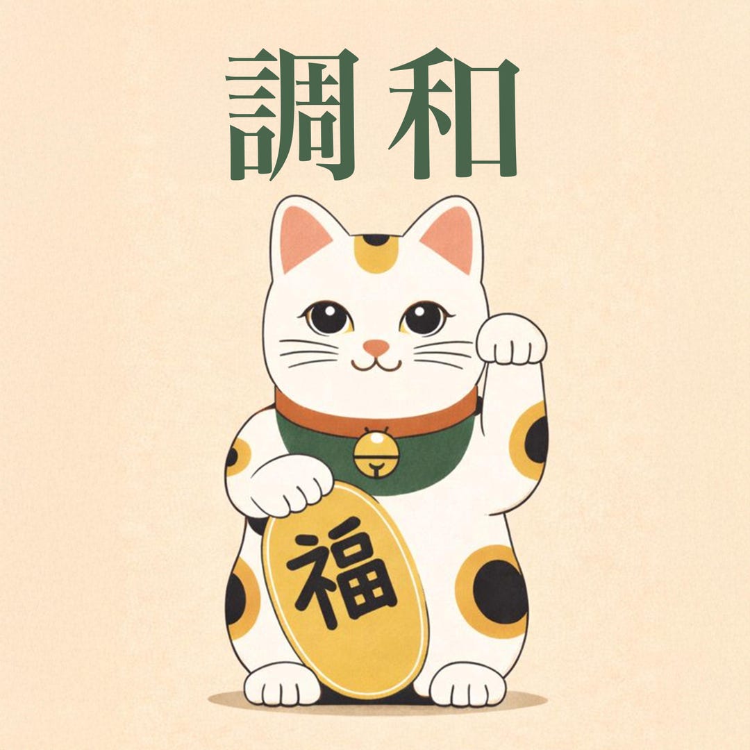 Beige Maneki Neko Printable Wall Art, Harmony Kanji Poster, Japanese ...