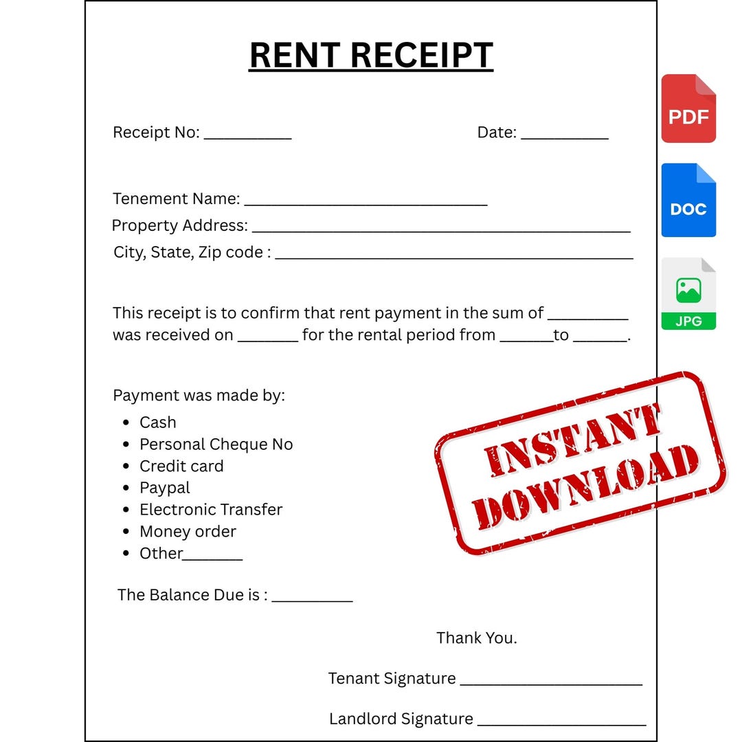 Editable Rent Receipt Template | Landlord Tenant Form (PDF & Word) - Etsy