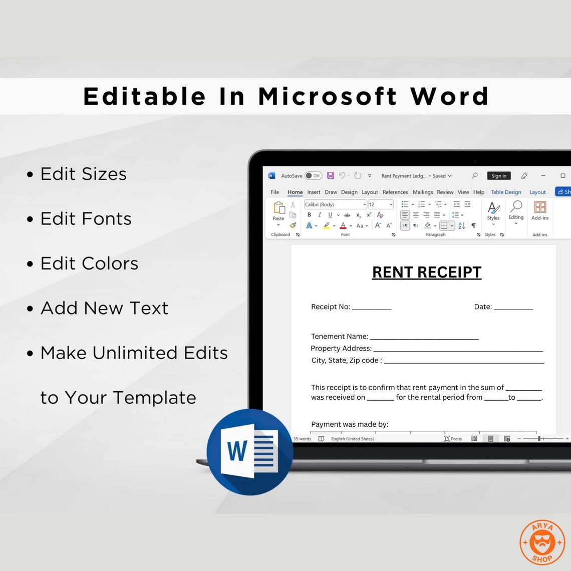 Editable Rent Receipt Template | Landlord Tenant Form (PDF & Word) - Etsy