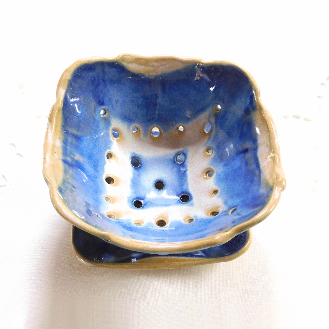 Berry Bowl or Pottery Colander With Drip Plate in Cobalt Blue and Cream ...