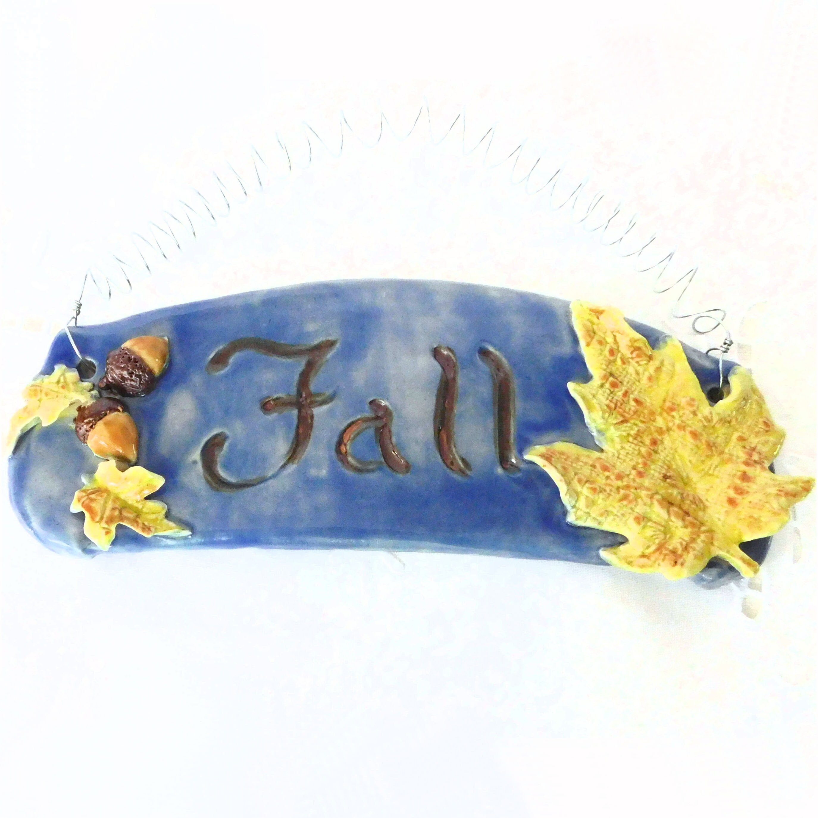 Porcelain Fall Plaque Yellow Leaves and Brown Acorns on a Sky - Etsy