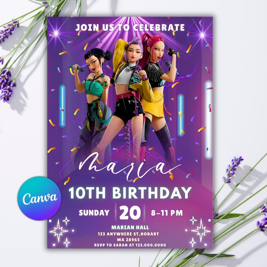 K-pop Demon Slayer Birthday Invitation, Huntrix Party, Editable Canva ...