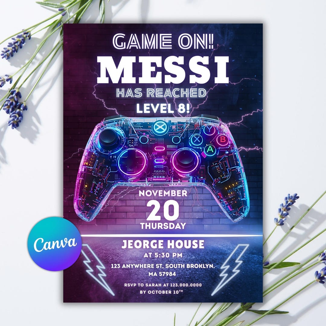 Level up Birthday Invitation, Neon Arcade Gamer Invite (editable Canva ...