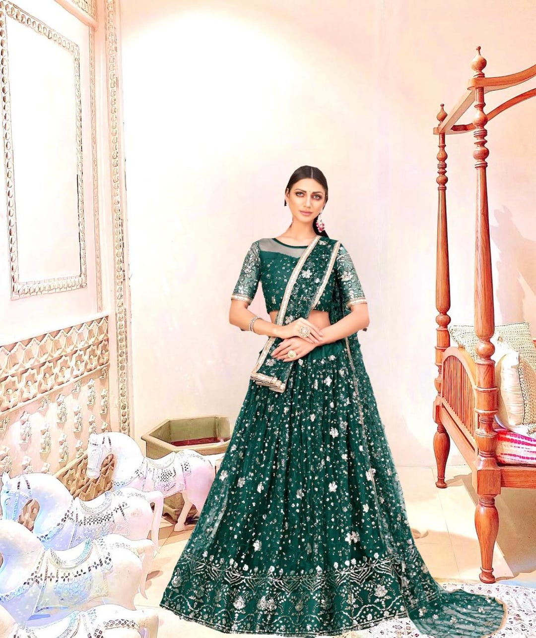 Dark Green Sequin Lehenga Choli | Designer Bridal Lengha Set for Indian ...