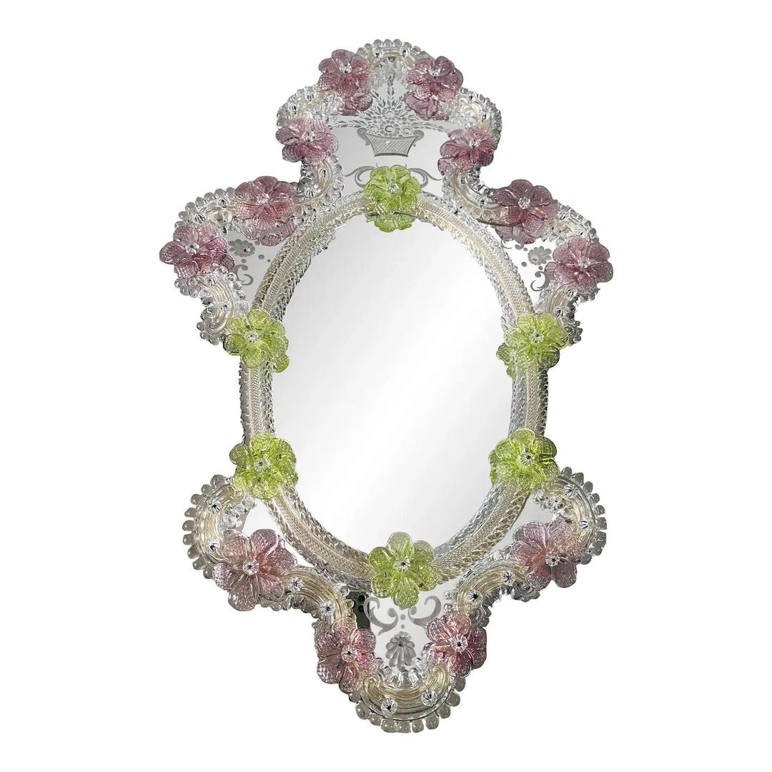 2000s Venetian Oval Green and Pink Floral Hand-carving Mirror in Murano ...
