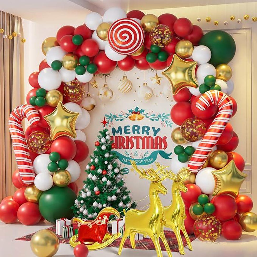 Red Green Gold Christmas Balloon Garland With Candy Sleigh Balloons for ...
