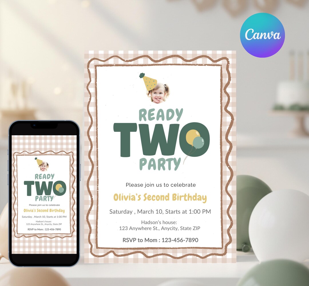 Ready Two Party Invitation, Beige Gingham, 2nd Birthday Canva Template ...