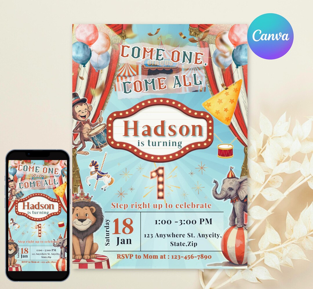 Vintage Circus Party Invite, Gender Neutral Carnival Theme, Editable ...