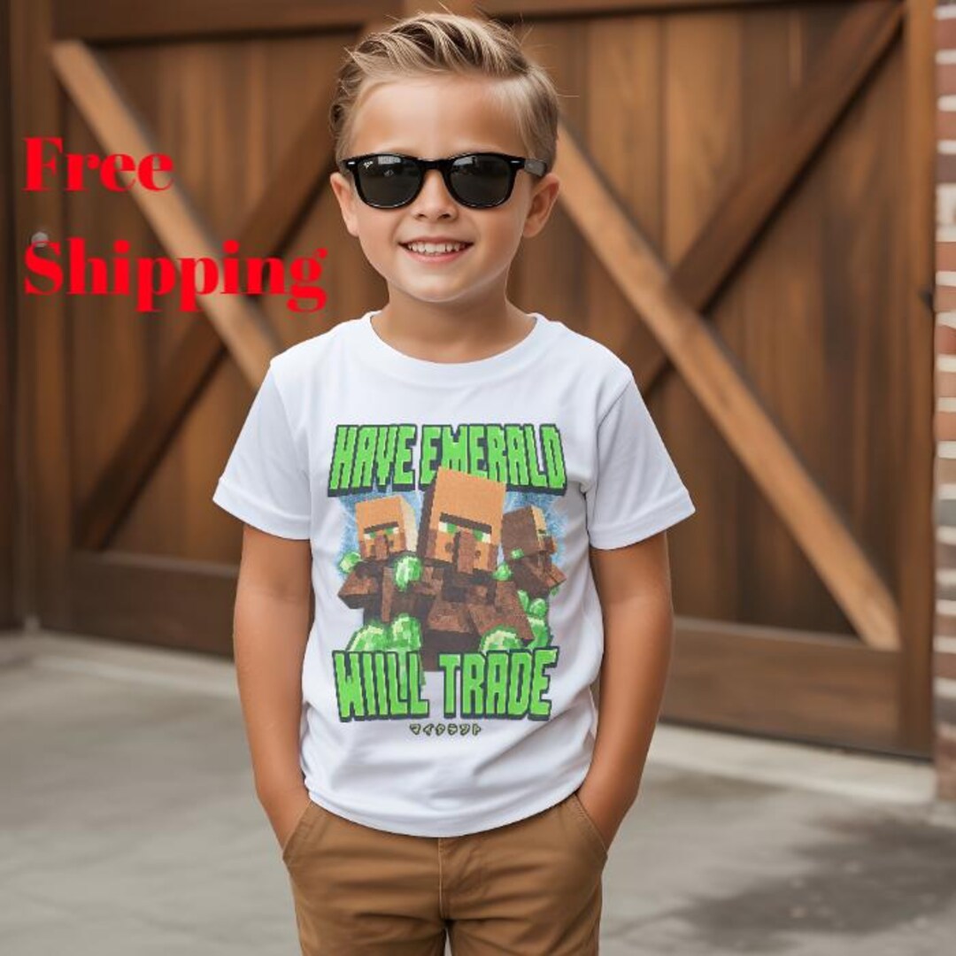 Minecraft Villager Emerald Trading Youth Tee | Funny Gamer Shirt | Gift ...
