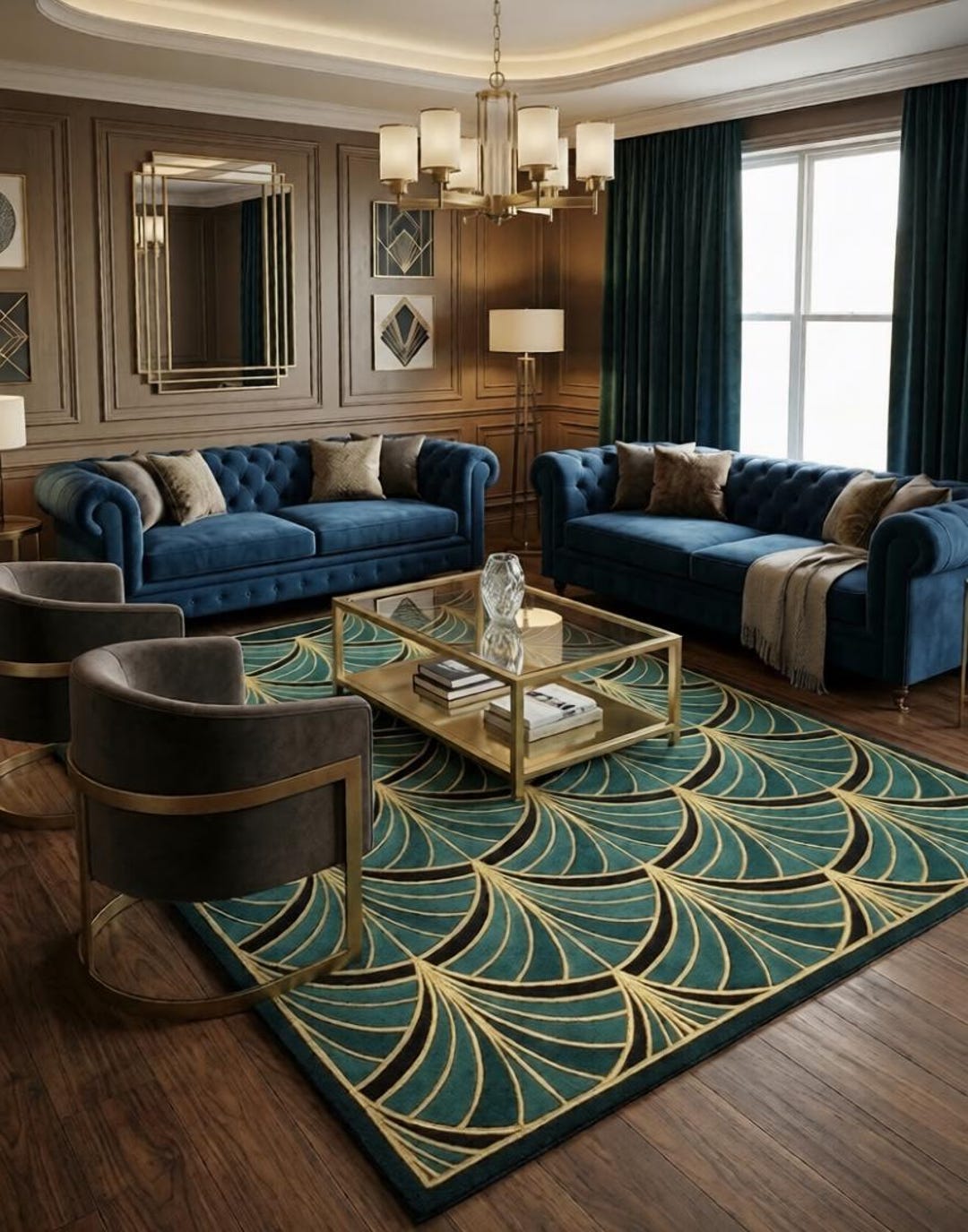 Art Deco Geometric Rug, Hand Tufted Wool Area Rug, Green Gold Pattern ...