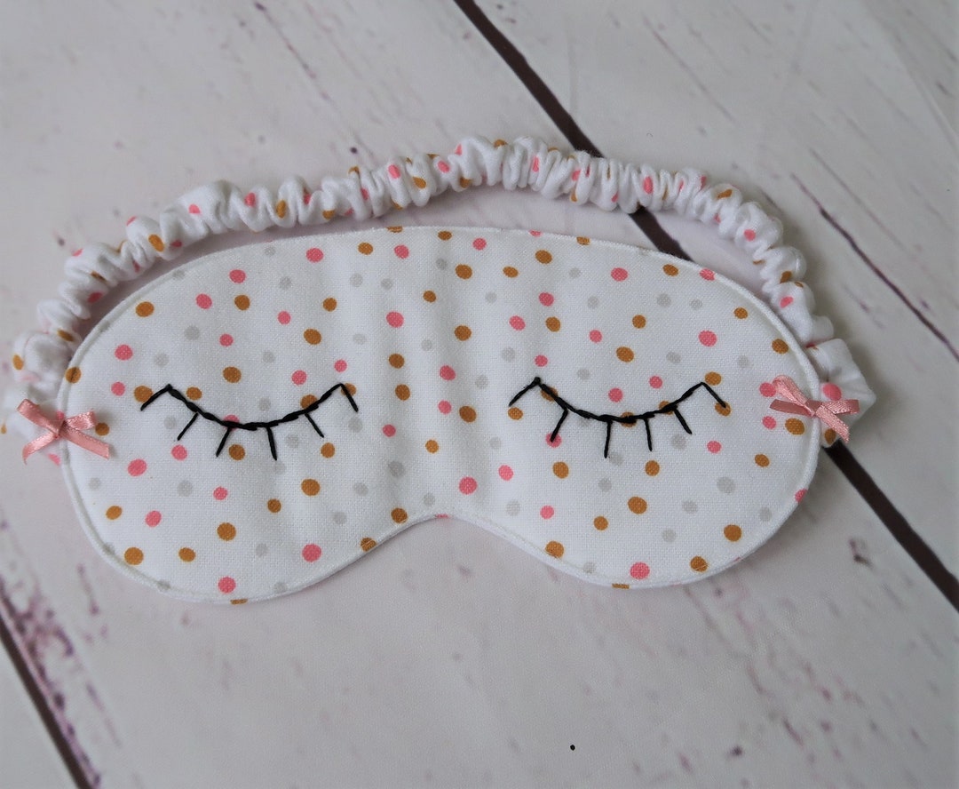 Brushed Cotton Fabric Sleep Eye Mask - White With Pink and Grey Polka ...
