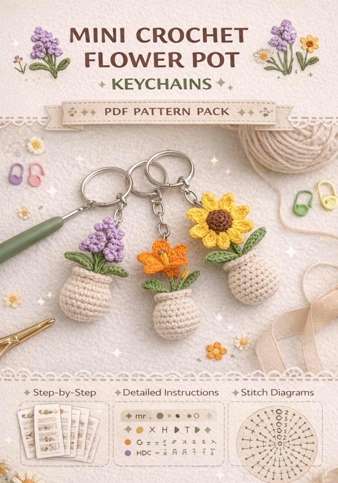 Mini Crochet Flower Pot Keychains Pattern Amigurumi Floral Keyring PDF ...