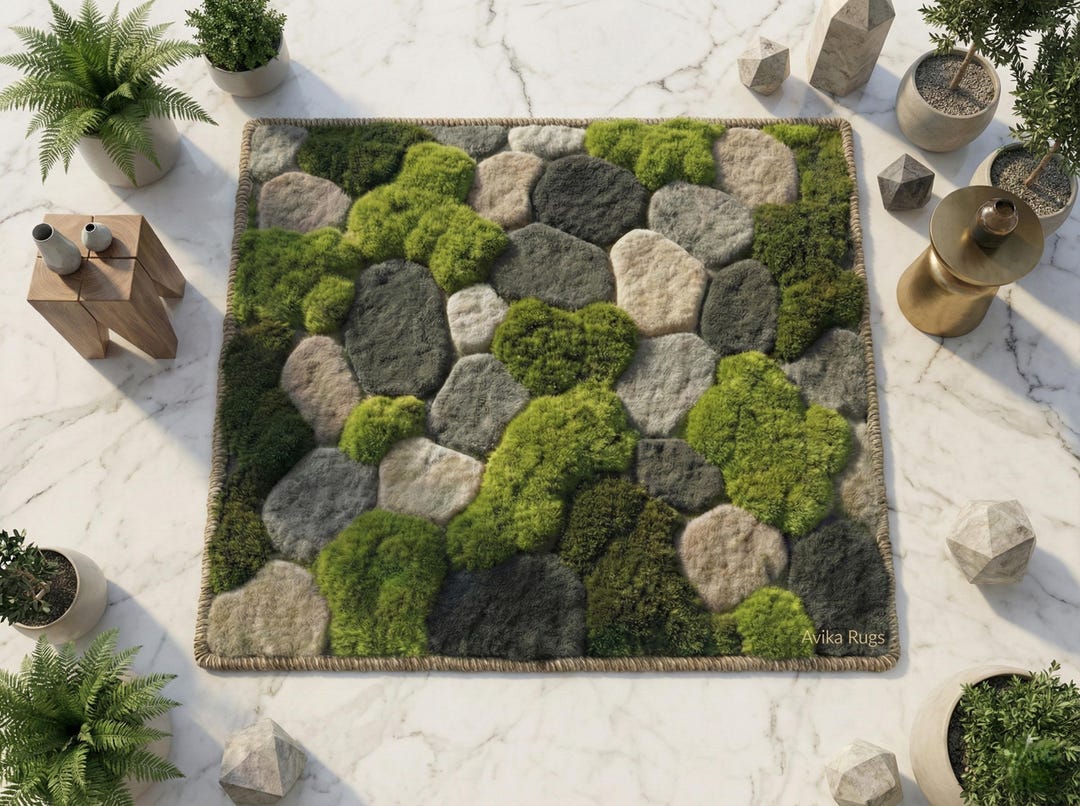 Hand Tufted Moss Rug, 3D Forest Floor Stone Grass Design, Custom Wool ...