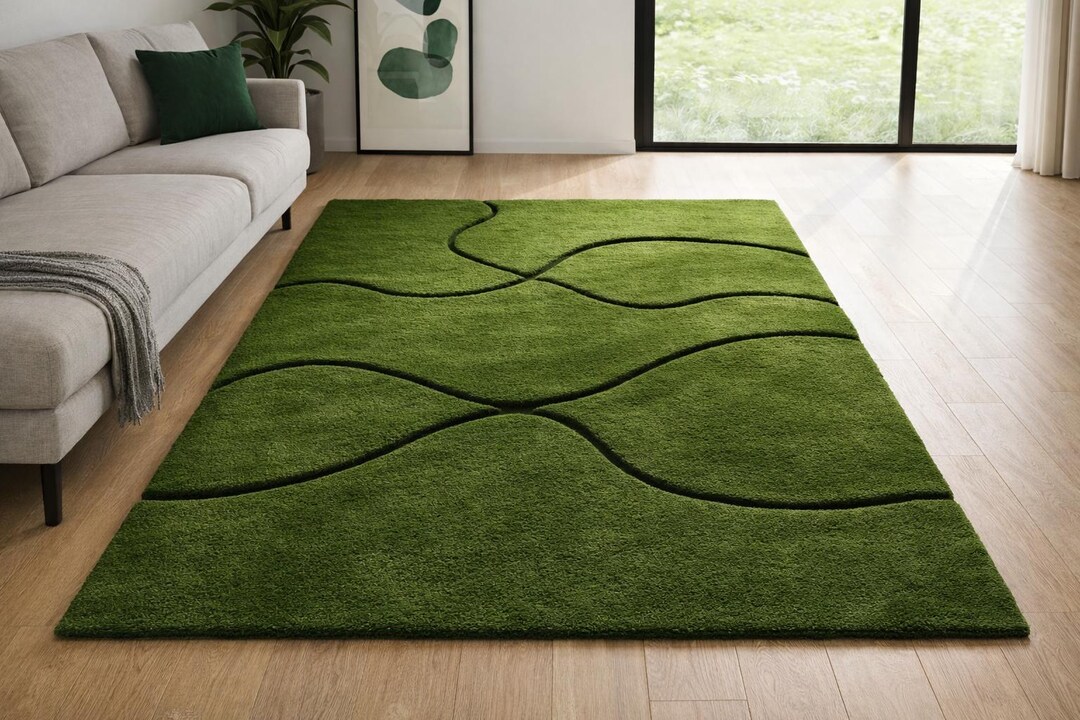 Hand Tufted Wool Rug – Moss Green Abstract Wave Design - Etsy