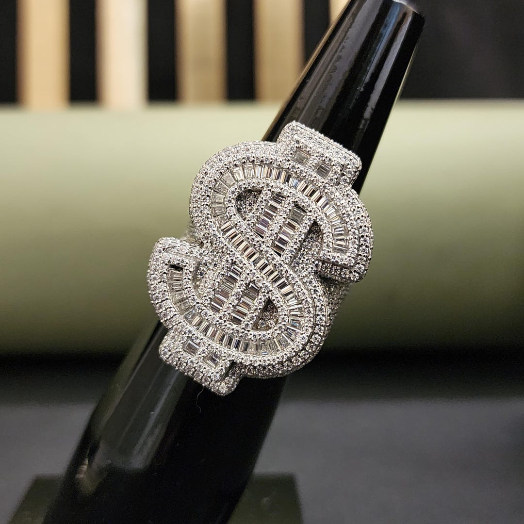 Iced Out Dollar Sign Ring | Lab Diamond Sterling Silver Hip Hop Jewelry ...