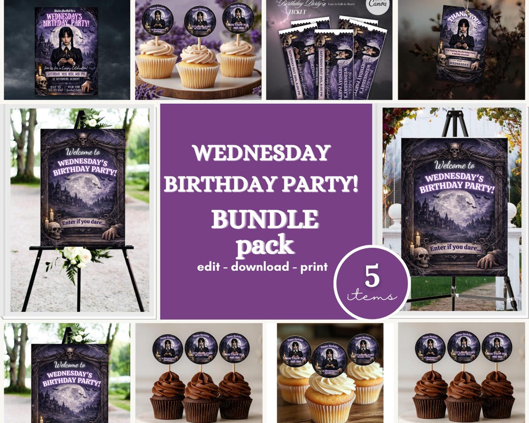 Wednesday Birthday Party Bundle, Editable Digital Decorations Set ...