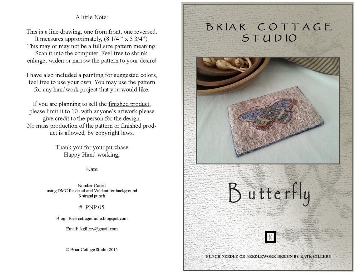 PRINTED - Needle Punch Pattern - (butterfly) (PNP05P) - by Kate Gillery ...