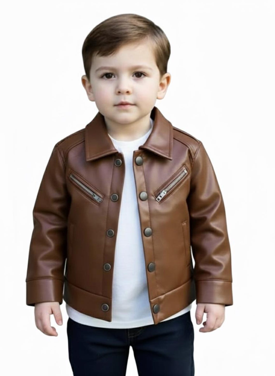 Toddler Boy Brown Faux Leather Jacket With Zipper Pockets – Kids Moto ...