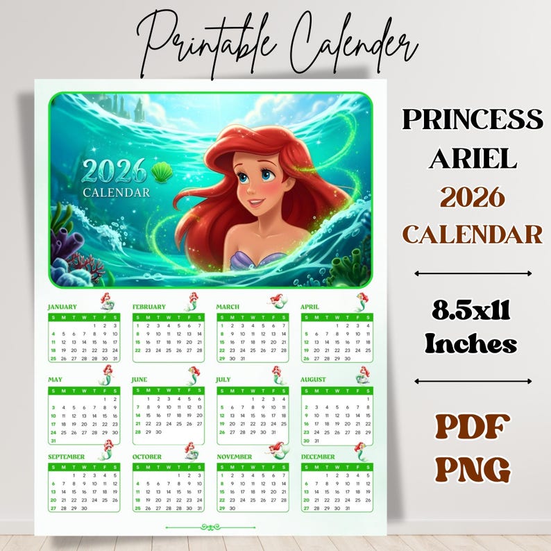 Ariel Princess Calendar 2026 Printable One Page Year Calendar Digital ...